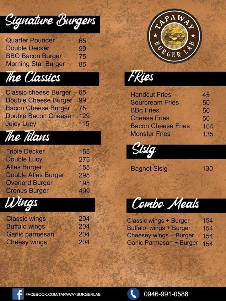 Menu at Tapaway Burger Lab restaurant, Olongapo