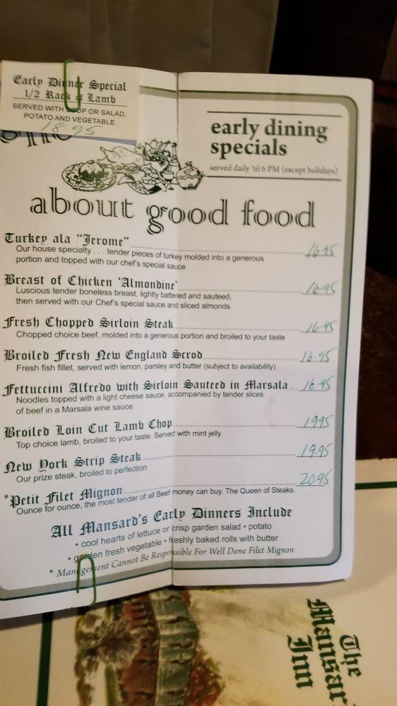 Menu at The Mansard restaurant, Orchard Park