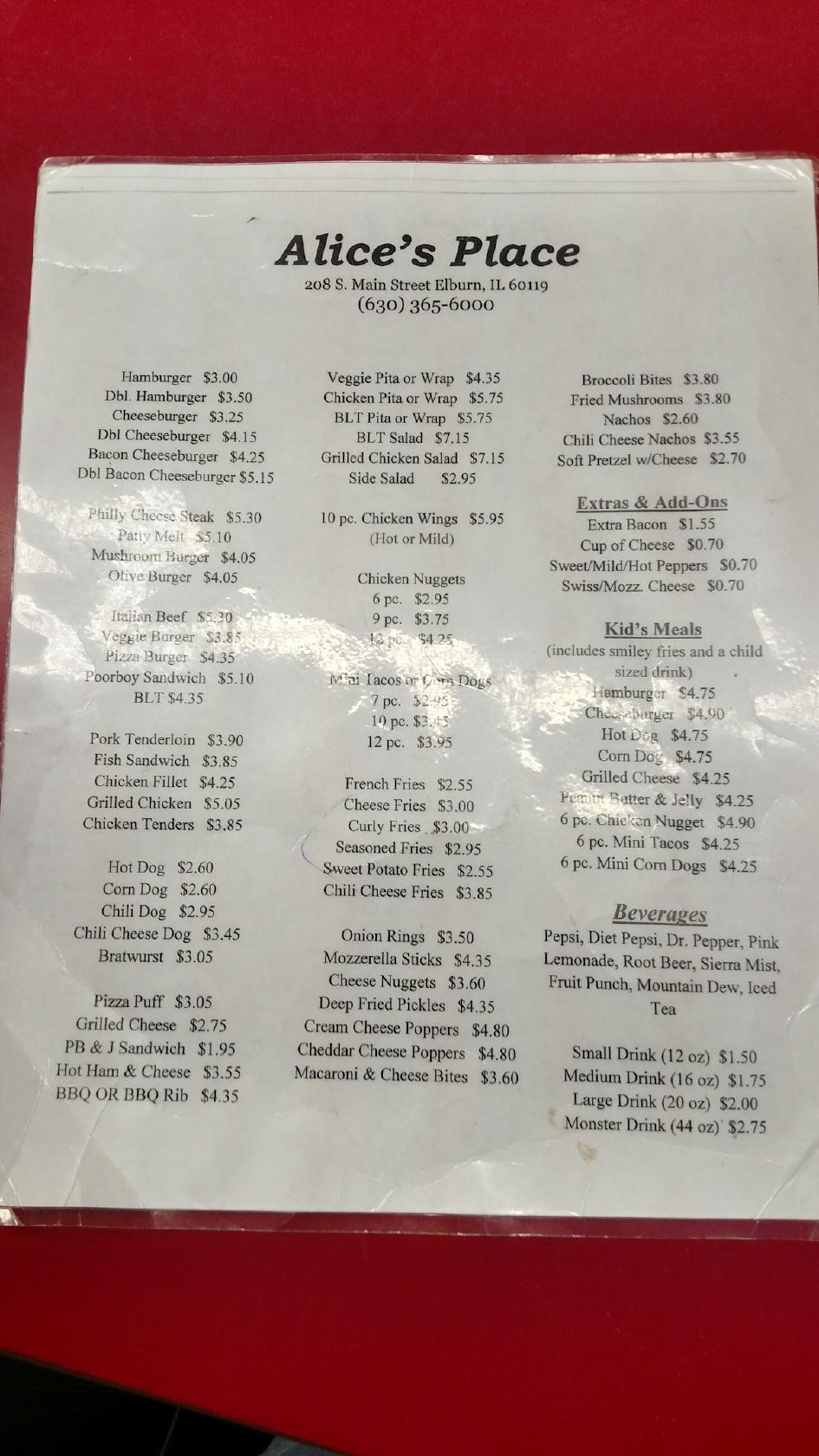 Menu at Alice's Place fast food, Elburn