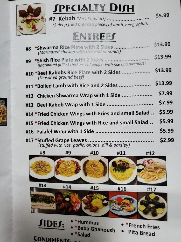 Menu at JASMINE SYRIAN FOOD restaurant, Aurora