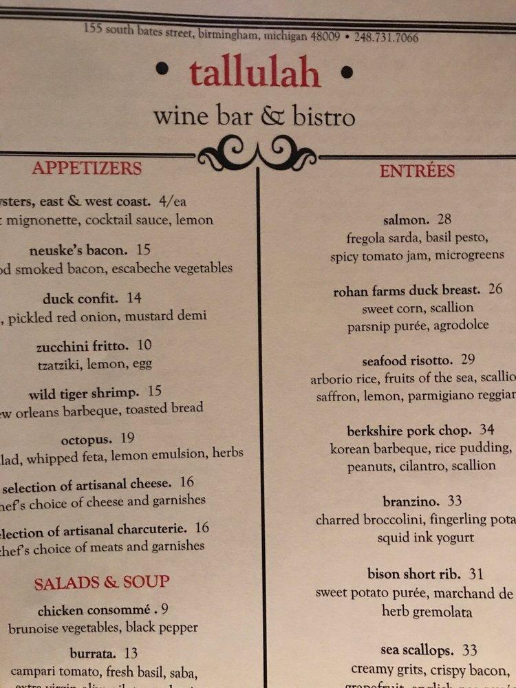 Menu at Tallulah Wine Bar & Bistro, Birmingham