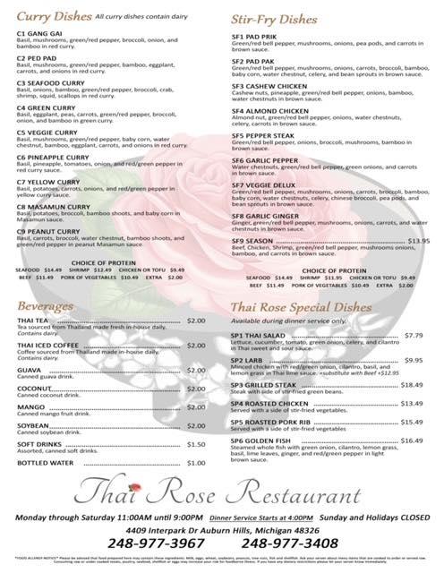 Menu at Thai Rose Restaurant, Auburn Hills