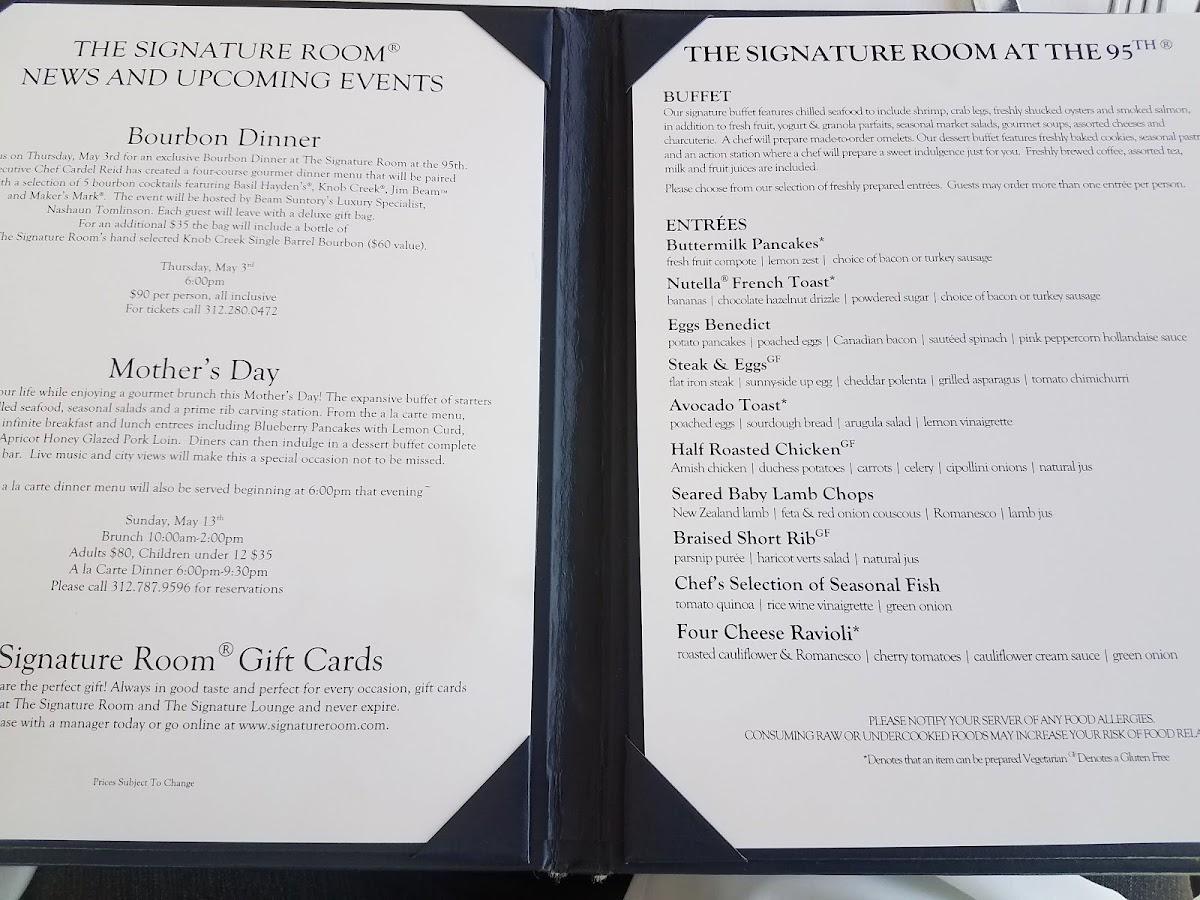 Menu at The Signature Room at the 95th restaurant, Chicago