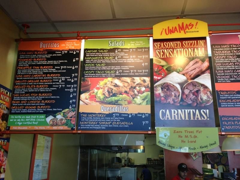 Menu at Una Mas restaurant, Santa Clara, El Camino Real