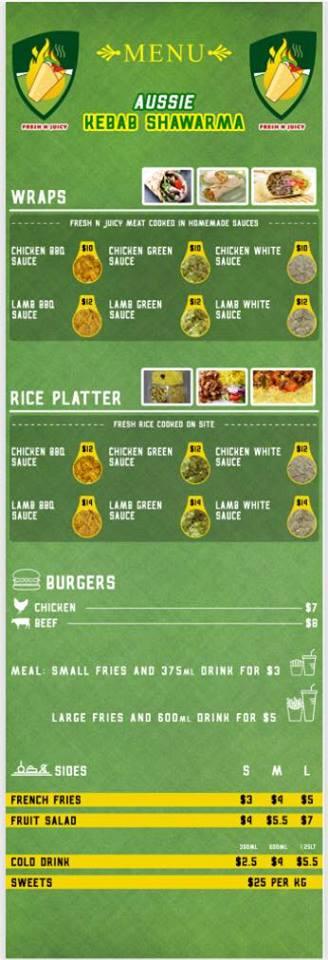 Carta del restaurante Aussie Kebab Shawarma, Calamvale