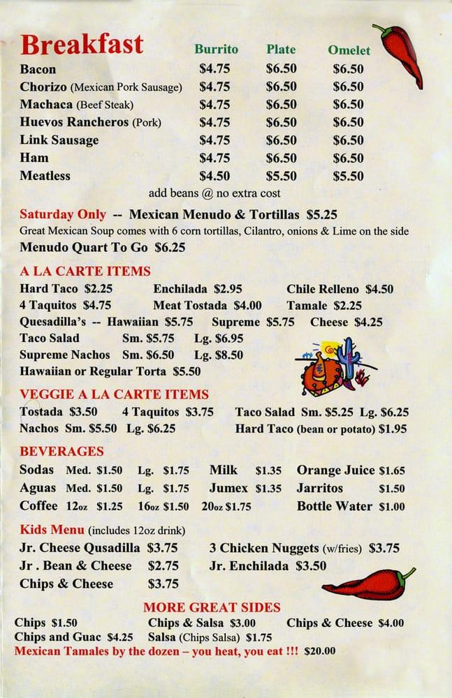 Menu at El Pique Mexican Food restaurant, Springfield, Main St