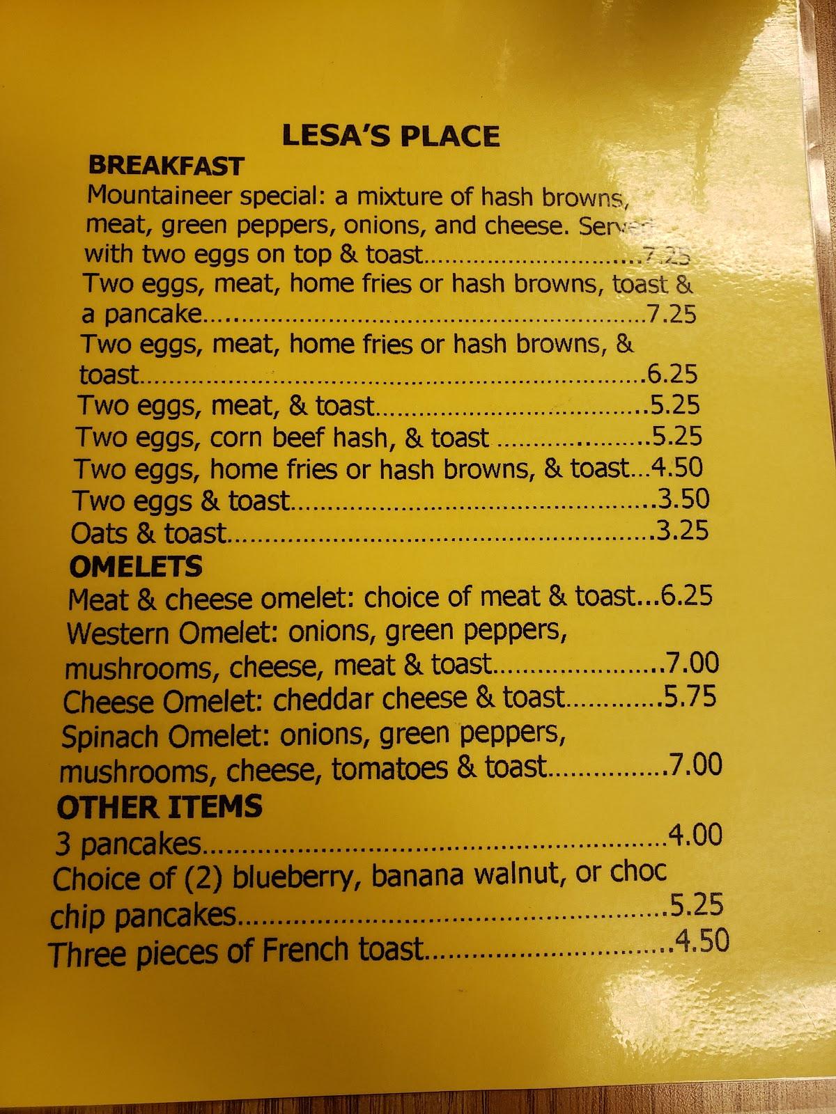 Menu at Lesa's Place cafe, Grafton, RR 50