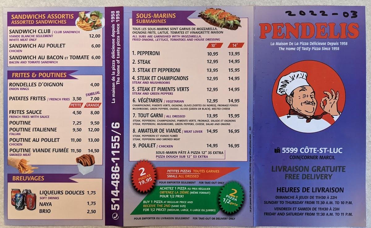 Menu at Pendeli's Pizza pizzeria, Montréal, Côte Saint Luc Rd