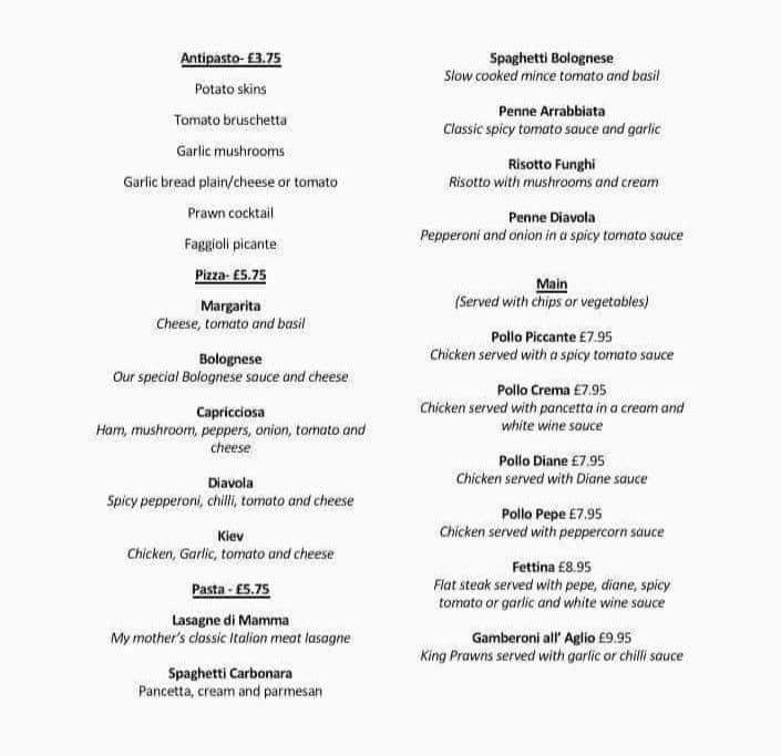 Menu at Volare Ristorante Italiano Boldon restaurant, East Boldon