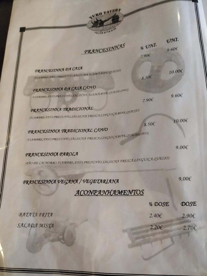 Menu em Yuko Tavern restaurante, Porto