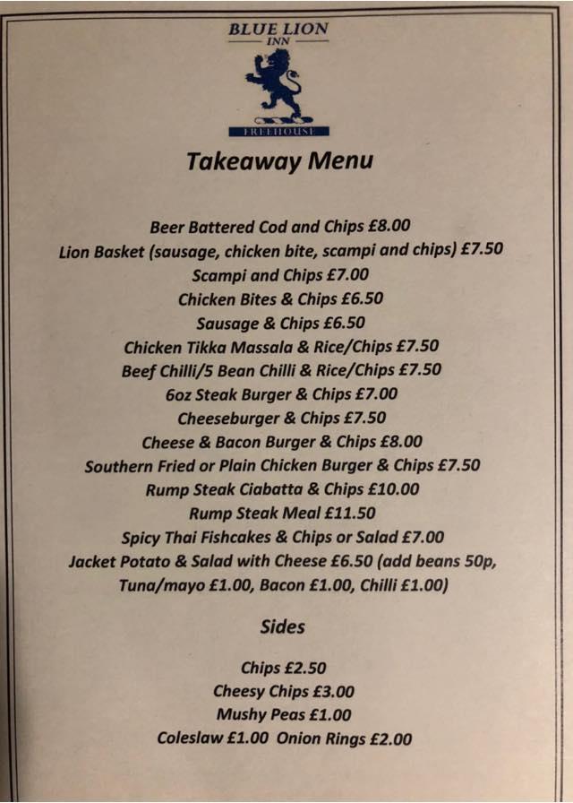 Menu at Blue Lion Inn pub & bar, Lewdown