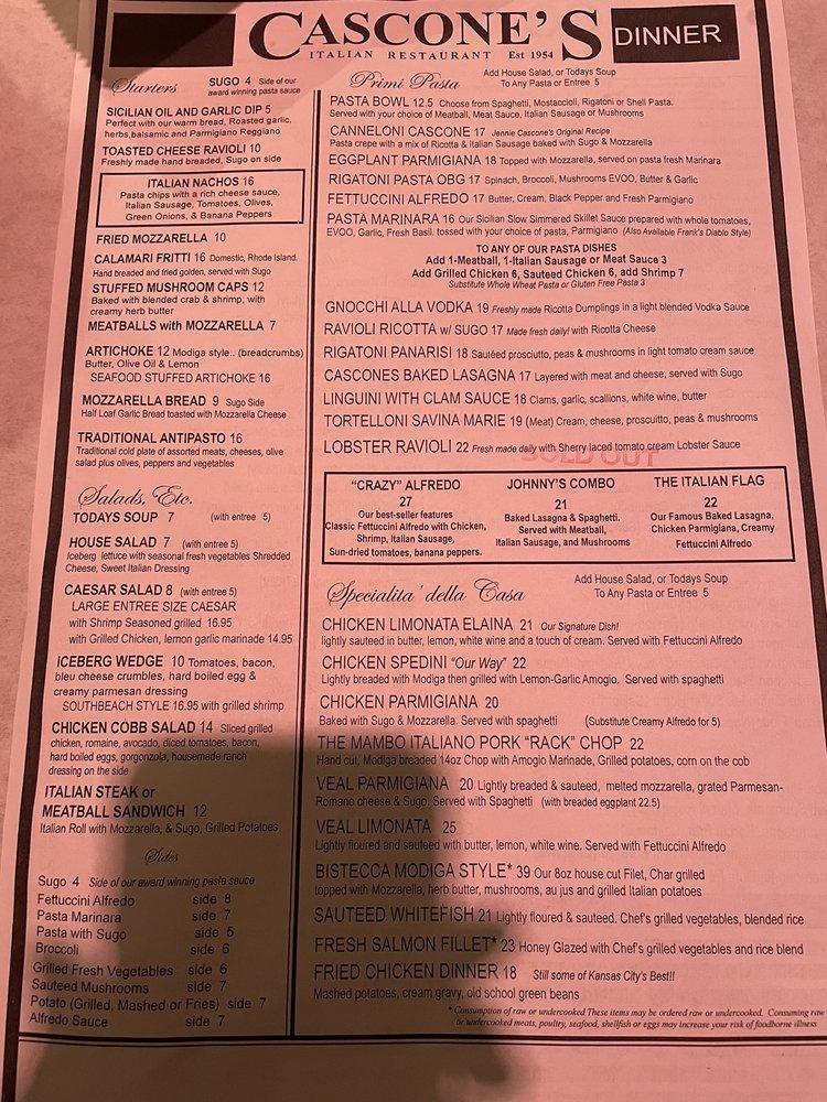 Menu at Cascone's restaurant, Kansas City, N Oak Trafficway