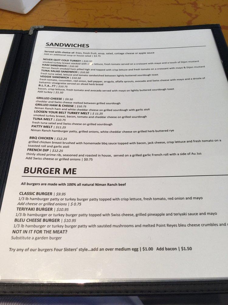 Menu at Four Sisters Cafe, Roseville