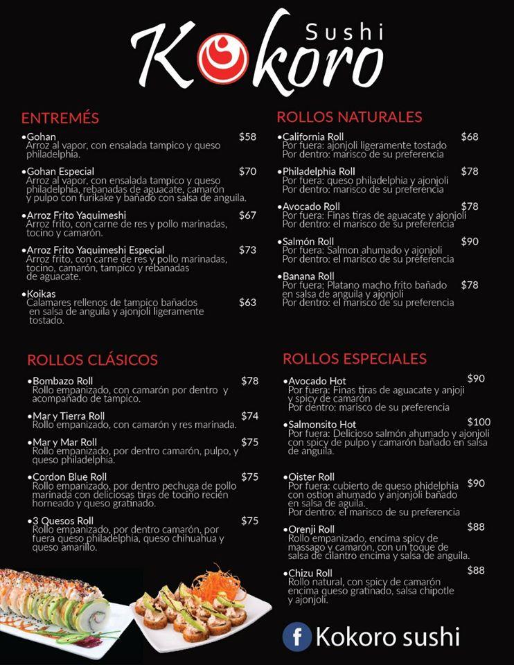 Menu at Kokoro Sushi restaurant, Mazatlán