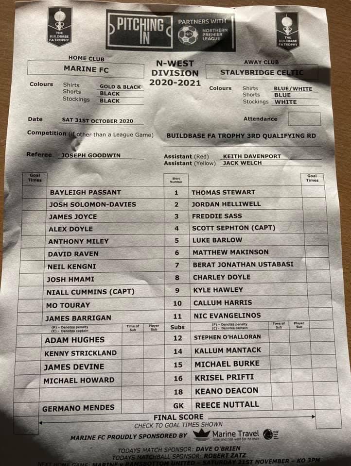 Menu at Marine Football Club, Liverpool