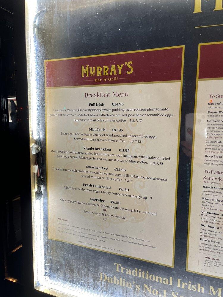 Menu at Murray’s Bar, Dublin, 33-34 O'Connell Street Upper