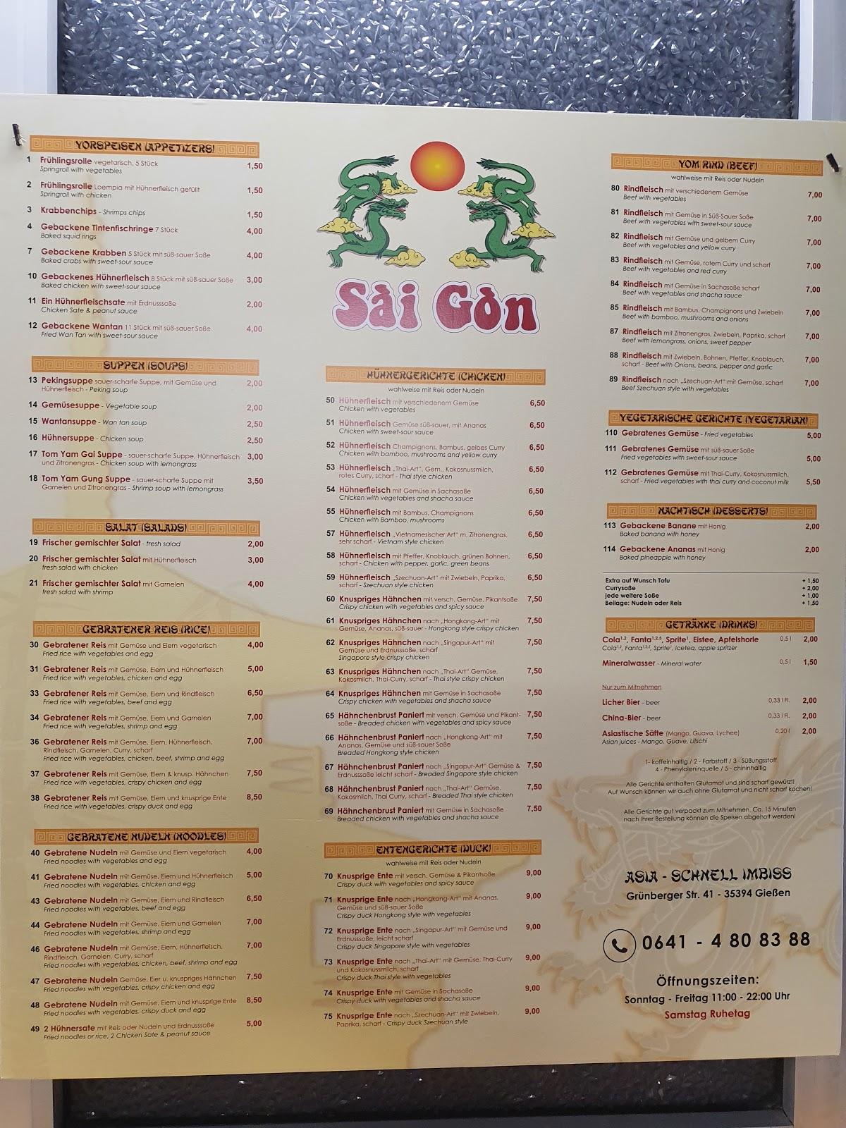 Speisekarte von Sai Gon Schnellimbiss restaurant, Gießen