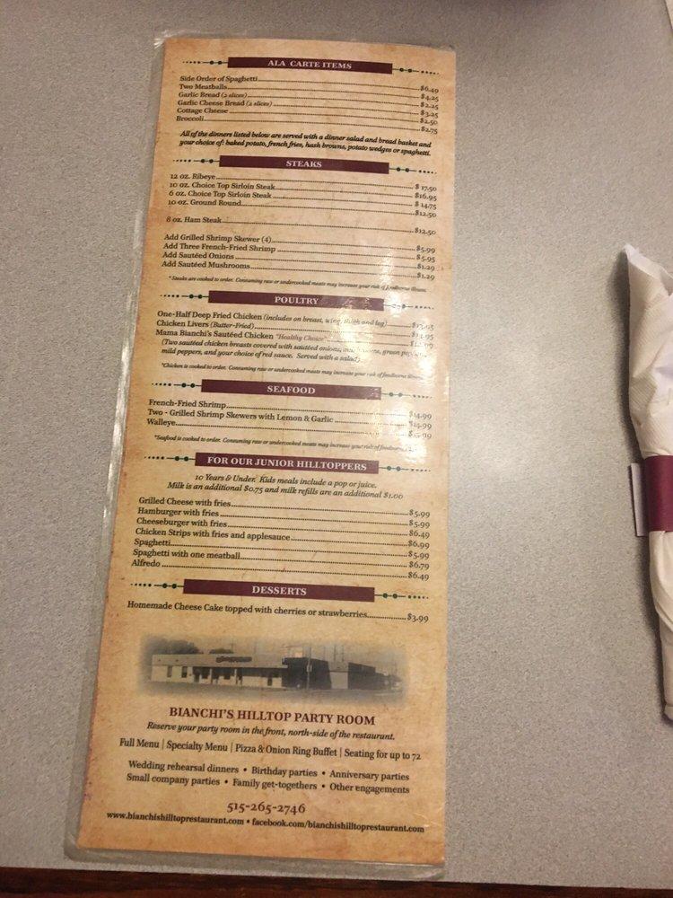 Menu at Bianchi's Hilltop Restaurant, Des Moines
