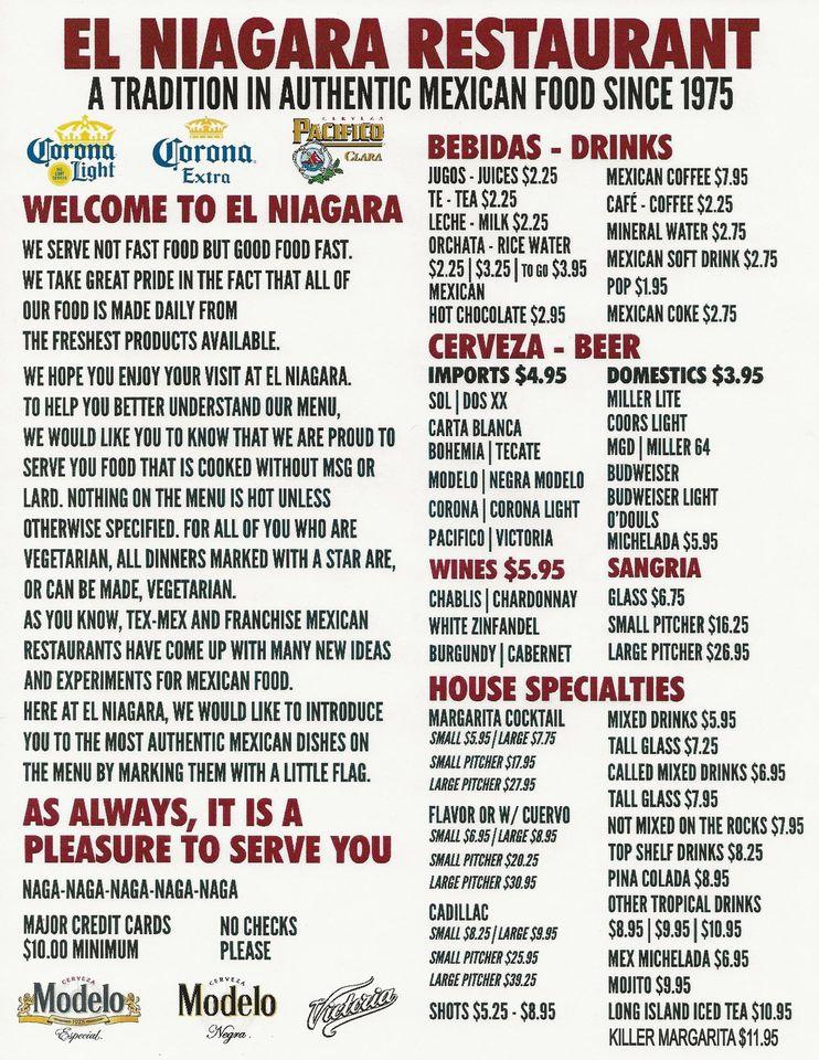 Menu at El Niagara restaurant, Woodstock
