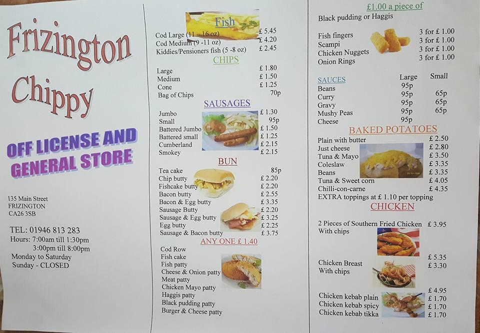 Carta del restaurante Frizington Chippy, Frizington