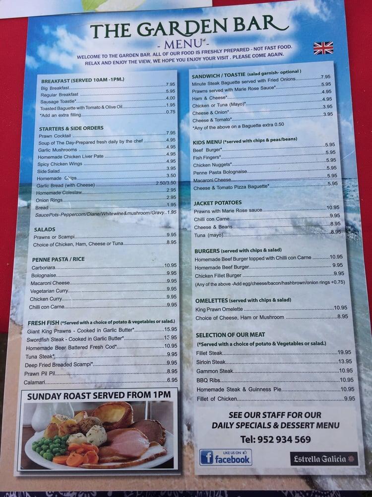 Menu at Garden Bar, Sitio de Calahonda