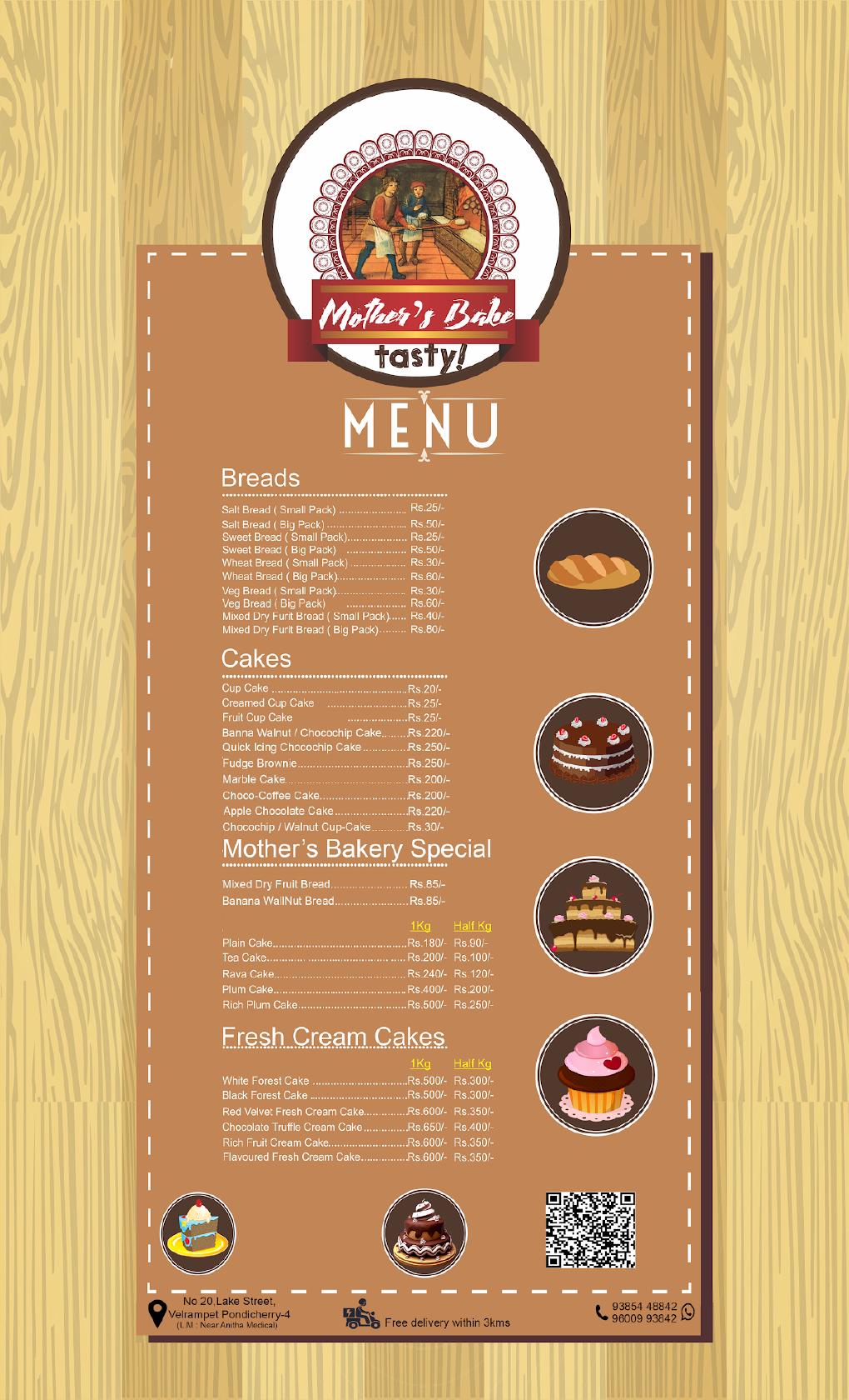 Menu at Mother's Bake, Puducherry