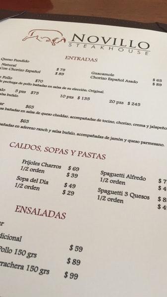 Menu at Novillo Steak House restaurant, Montemorelos