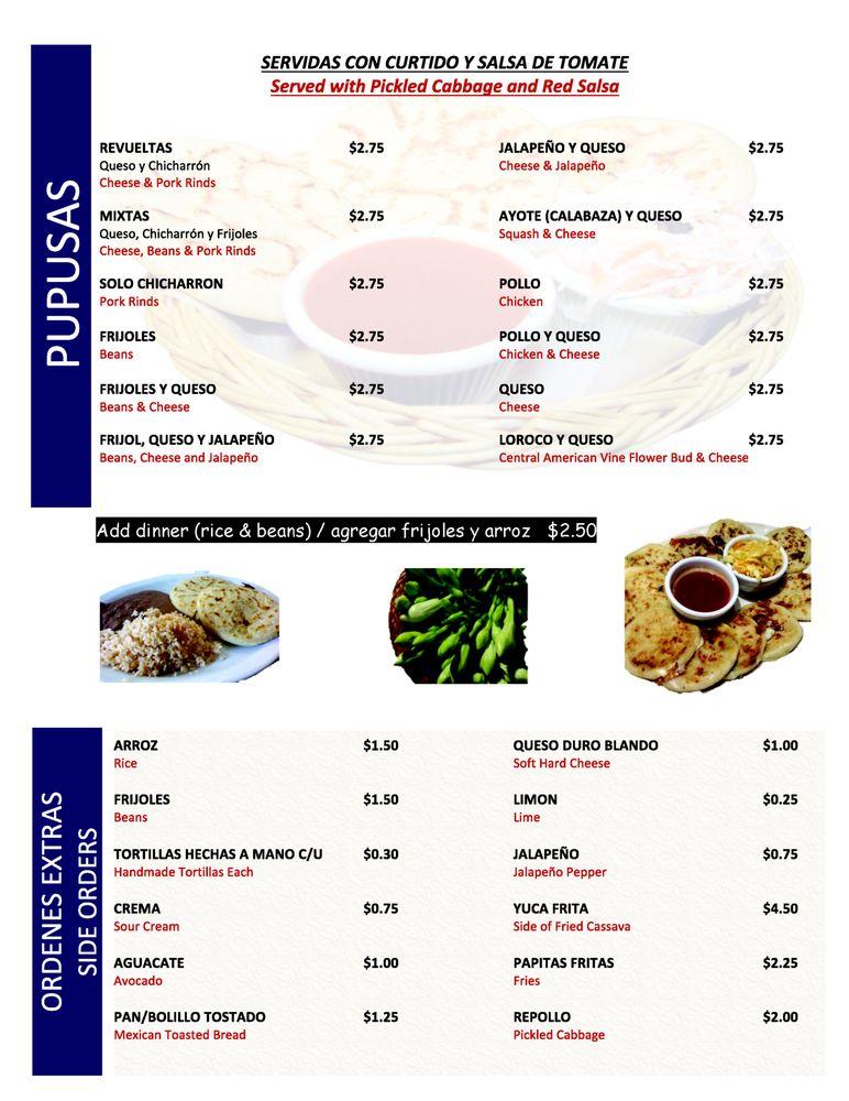 Menu at Pupusería Rinconcito Hispano restaurant, Des Plaines