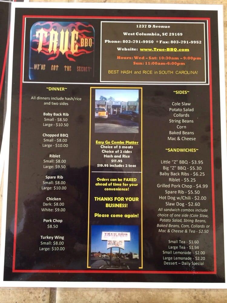 Menu at True BBQ, West Columbia