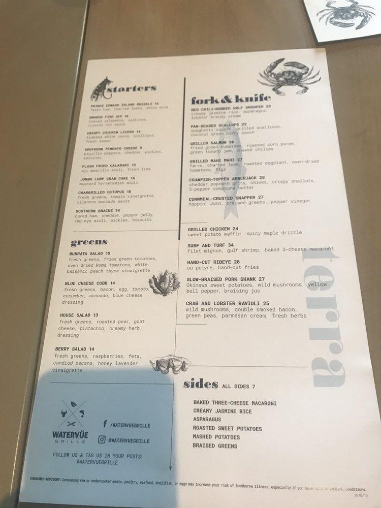Menu at Watervue Grille- Downtown Tampa- Harbour Island restaurant, Tampa