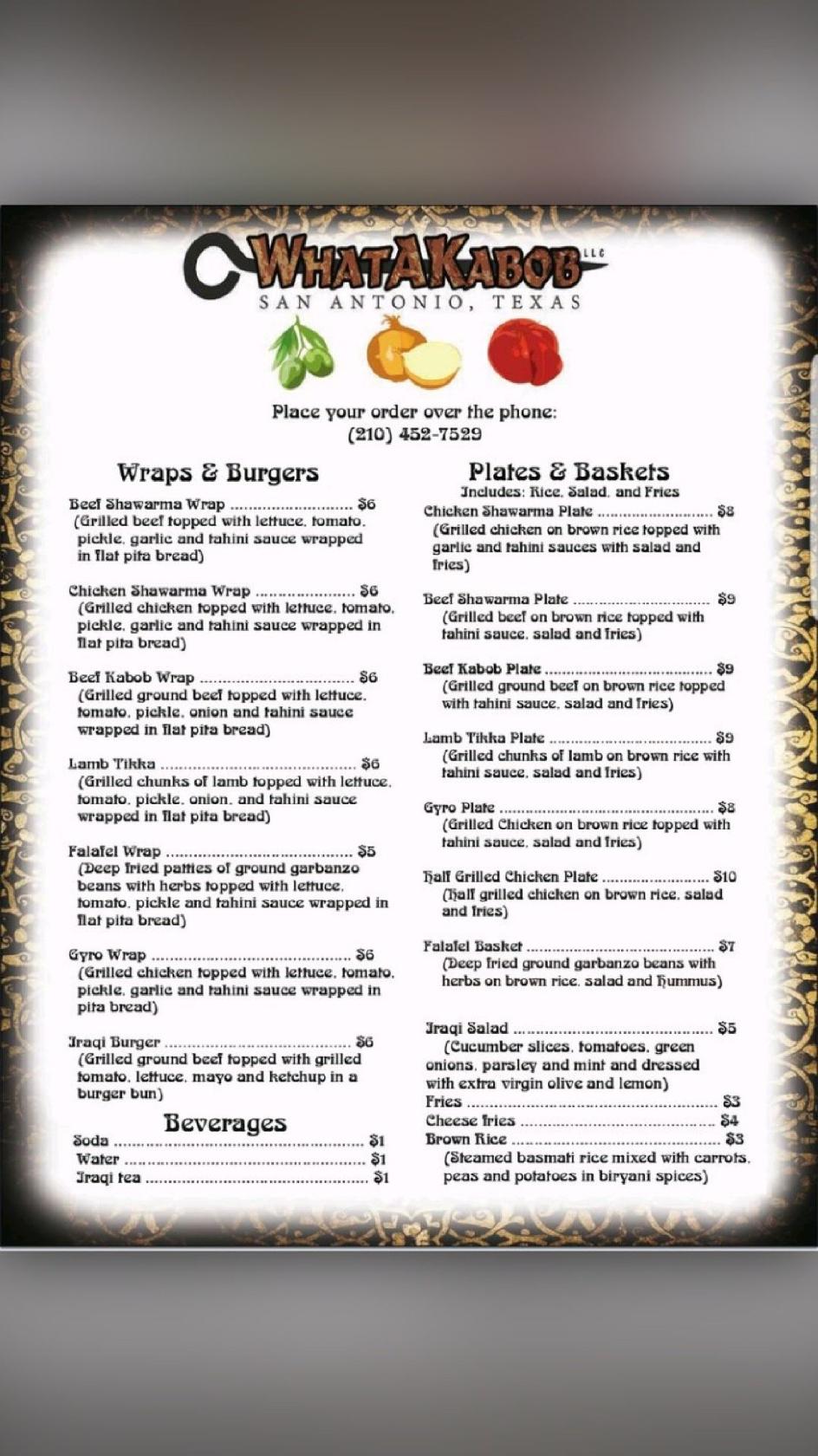 Menu at What A Kabob restaurant, San Antonio, Park Crossing