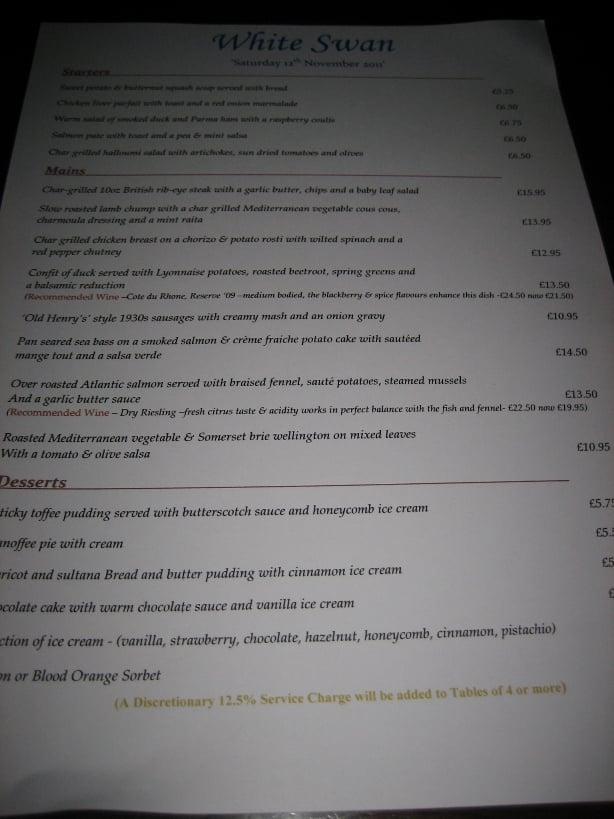 Menu at White Swan pub & bar, Richmond, 26 Old Palace Ln