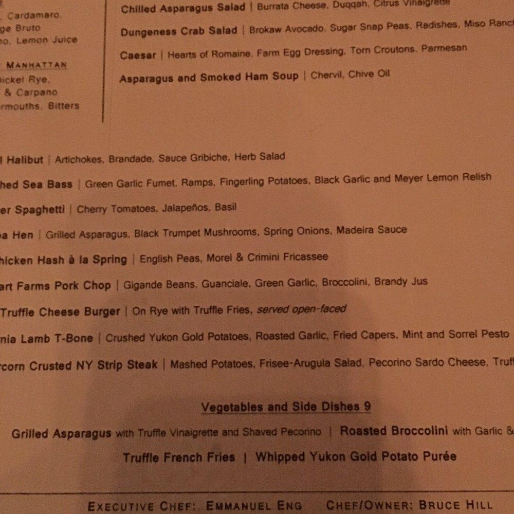 Menu at Bix restaurant, San Francisco