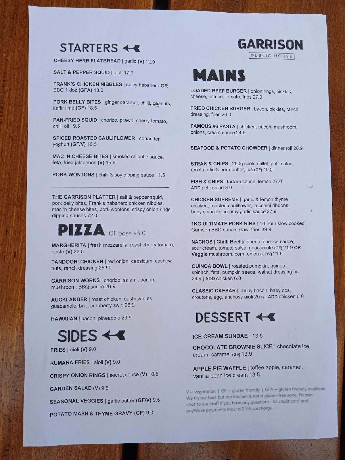 Menu at Garrison Public House, Auckland