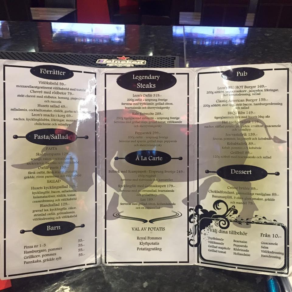 Menu at Leon's steakhouse, Arjeplog