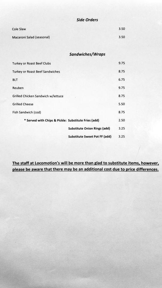 Menu at Locomotions Sports Bar, Cobleskill, 136 Railroad Ave