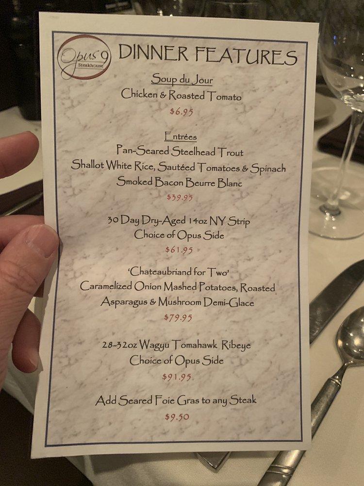 Menu at Opus 9 Steakhouse, Williamsburg