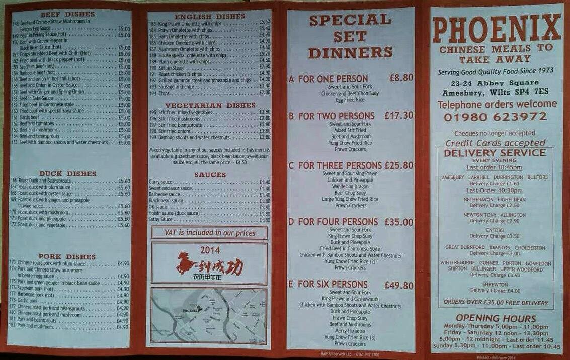 Menu at Phoenix fast food, Amesbury
