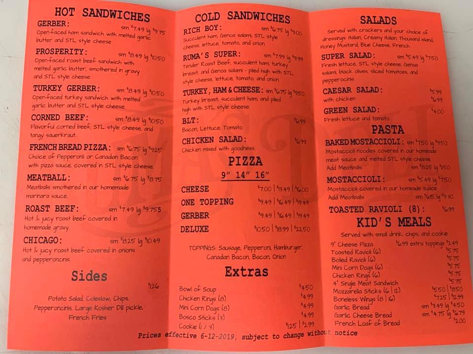 Menu at Ruma's Deli pizzeria, Imperial