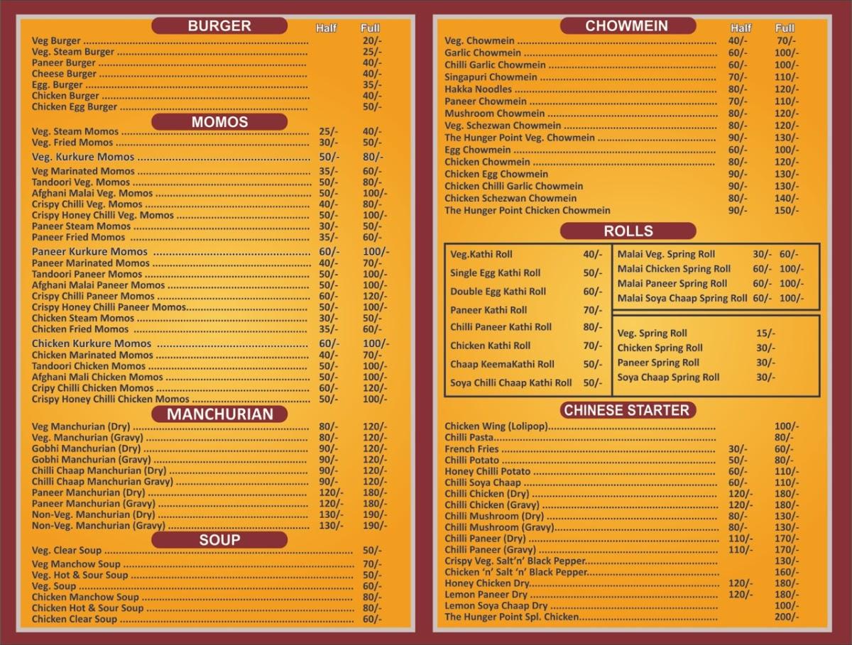 Menu at The "Hungers Point", New Delhi