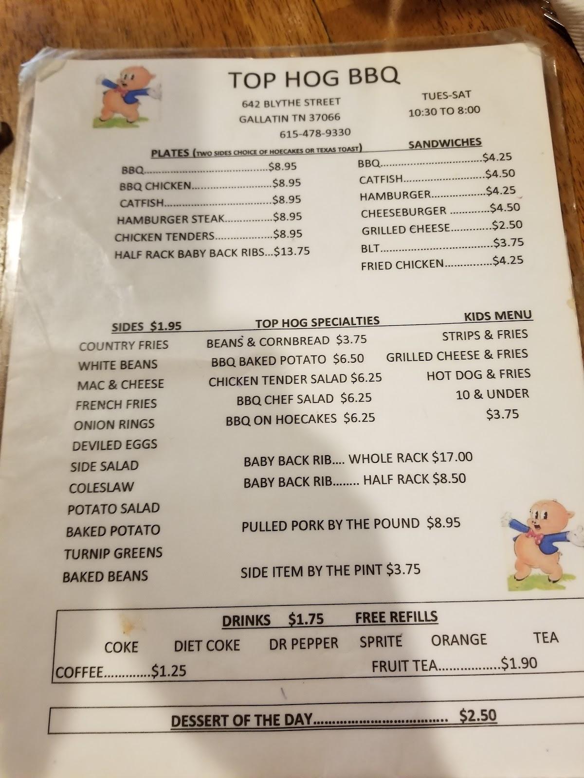 Menu at Top Hog BBQ, Gallatin