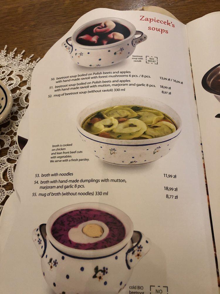 Menu at Zapiecek restaurant, Warsaw, Nowy Świat 64