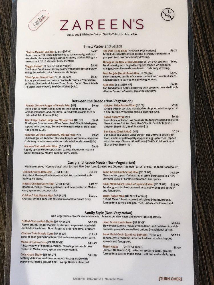 Menu at Zareen's Palo Alto restaurant, Palo Alto