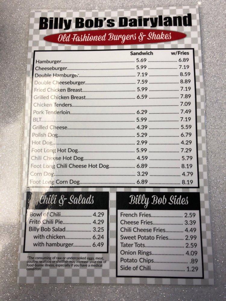Menu at Billy Bob's Dairy Land restaurant, Branson, W 76 Country Blvd