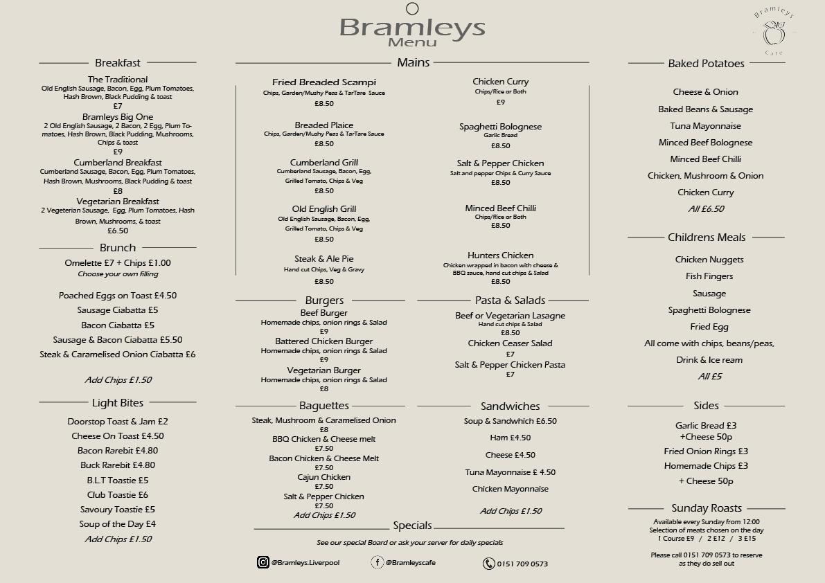 Menu at Bramleys Cafe, Liverpool