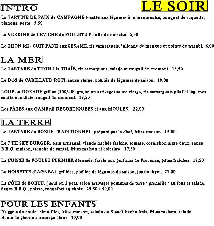 Menu au Le 7ème Ciel pub et bar, Cuers