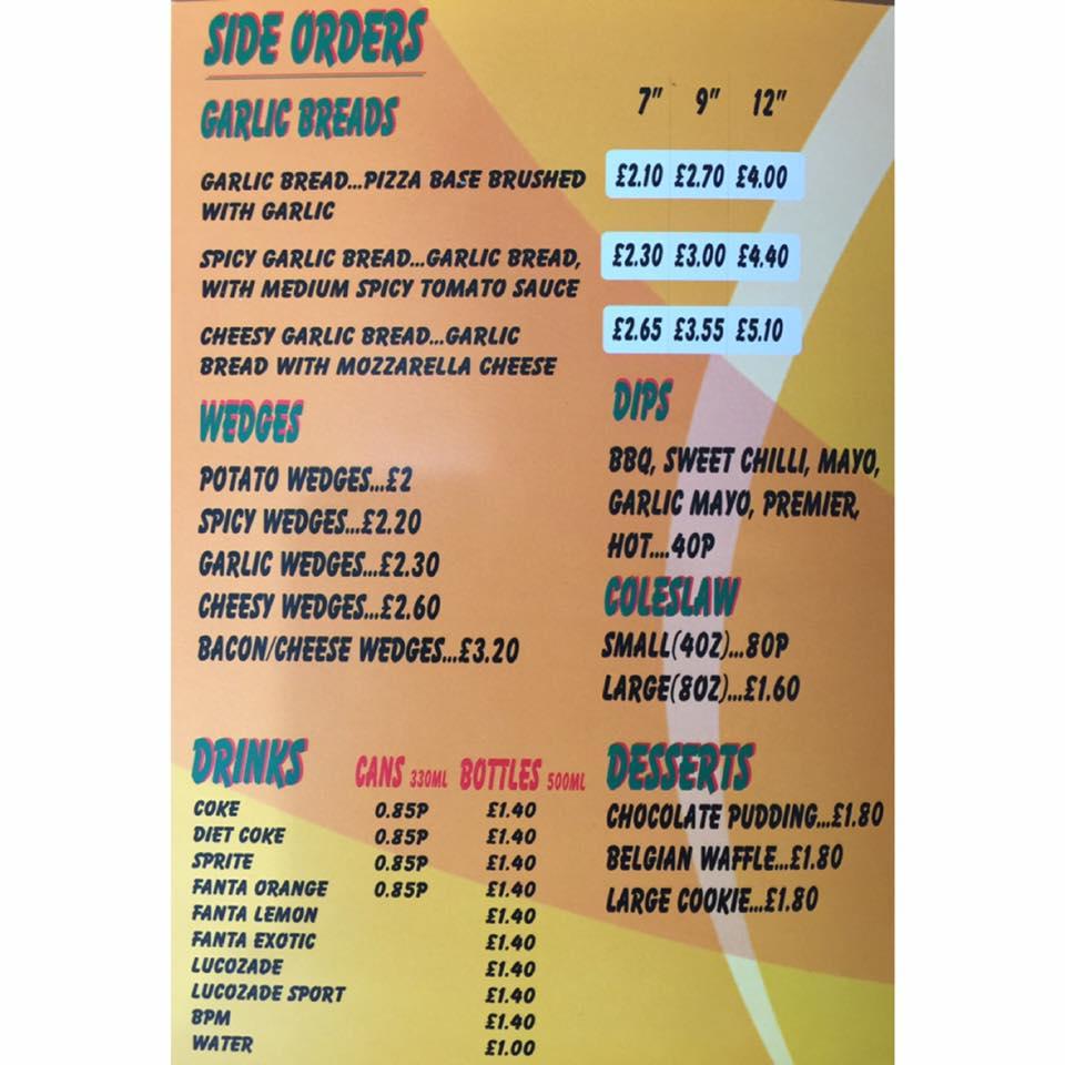 Menu at Pete-Za restaurant, Ballygawley