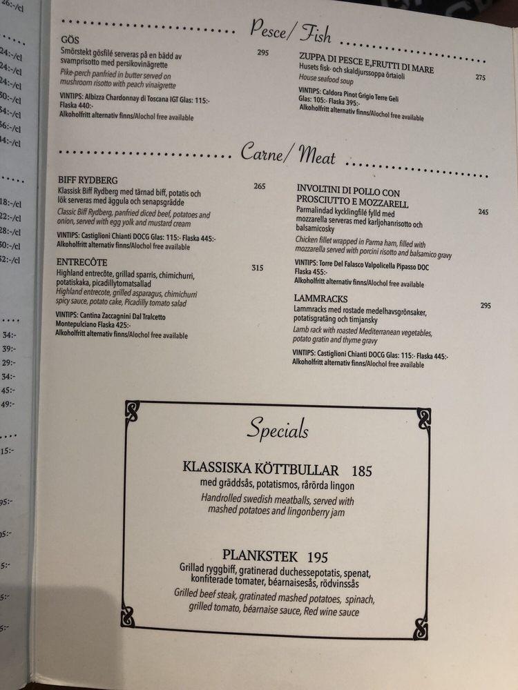 Menu at Polpette restaurant, Stockholm