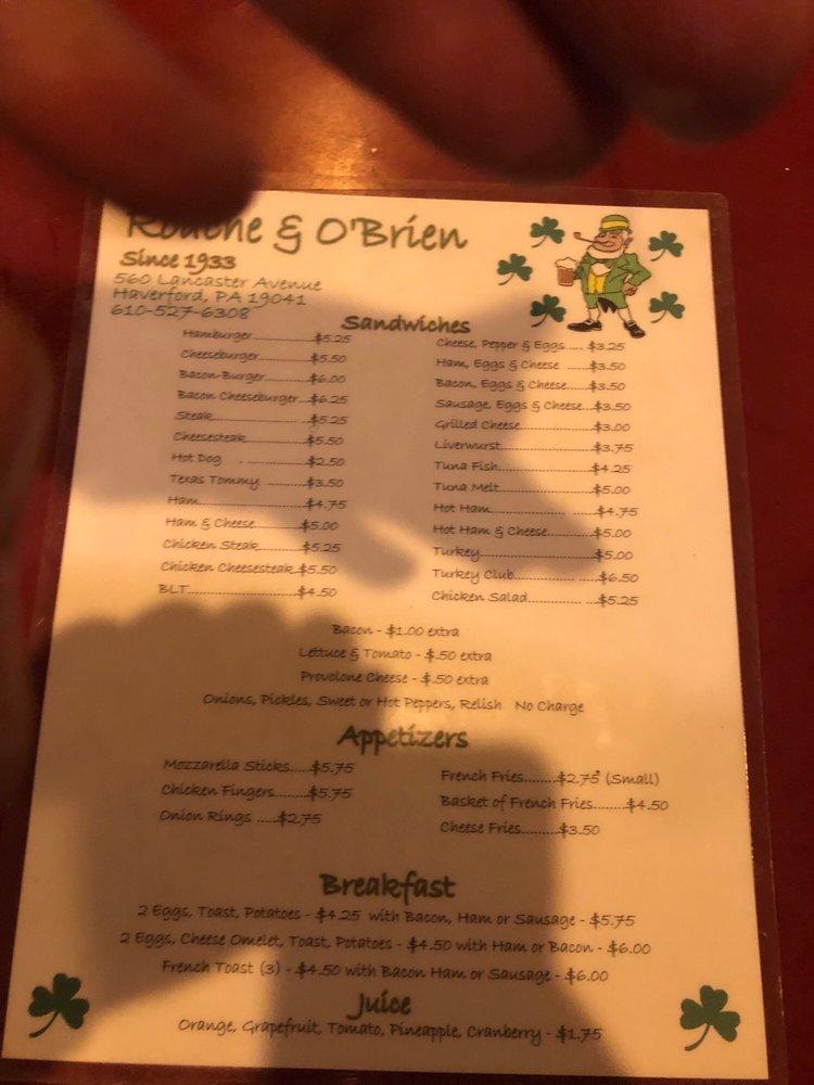 Menu at Roache & O'Briens pub & bar, Haverford