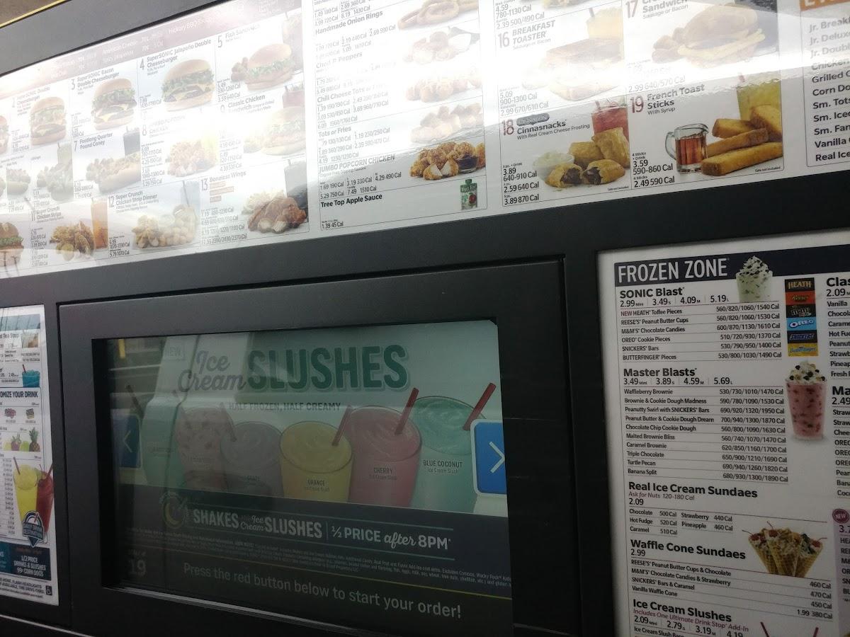 Menu at Sonic Drive-In fast food, Port Arthur, Twin City Hwy